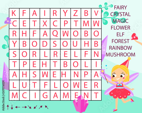Educational game for children. Word search puzzle kids activity. Fairy ...