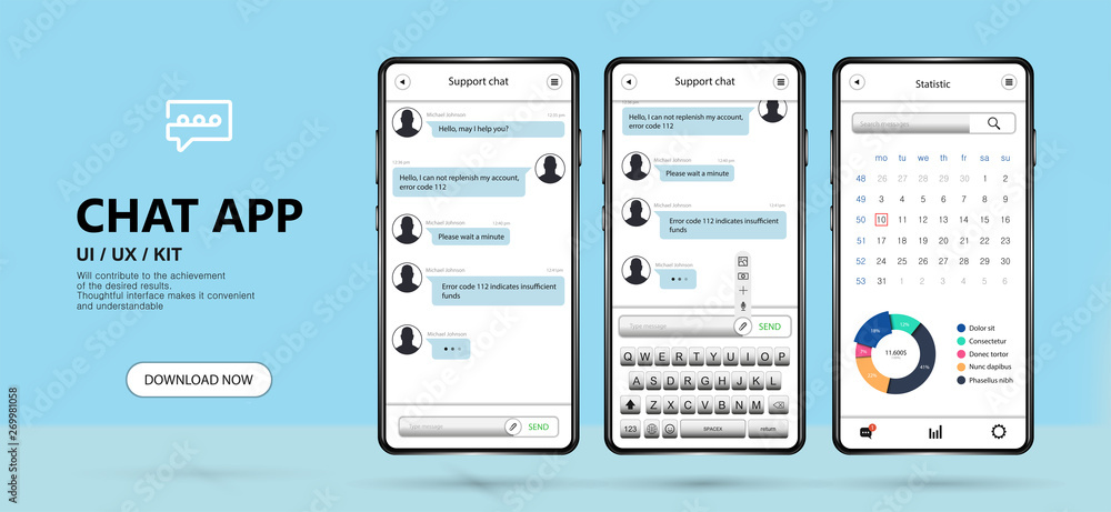 Mobile chat app UI,UX, Kit concept. Mockup vector messenger in ...
