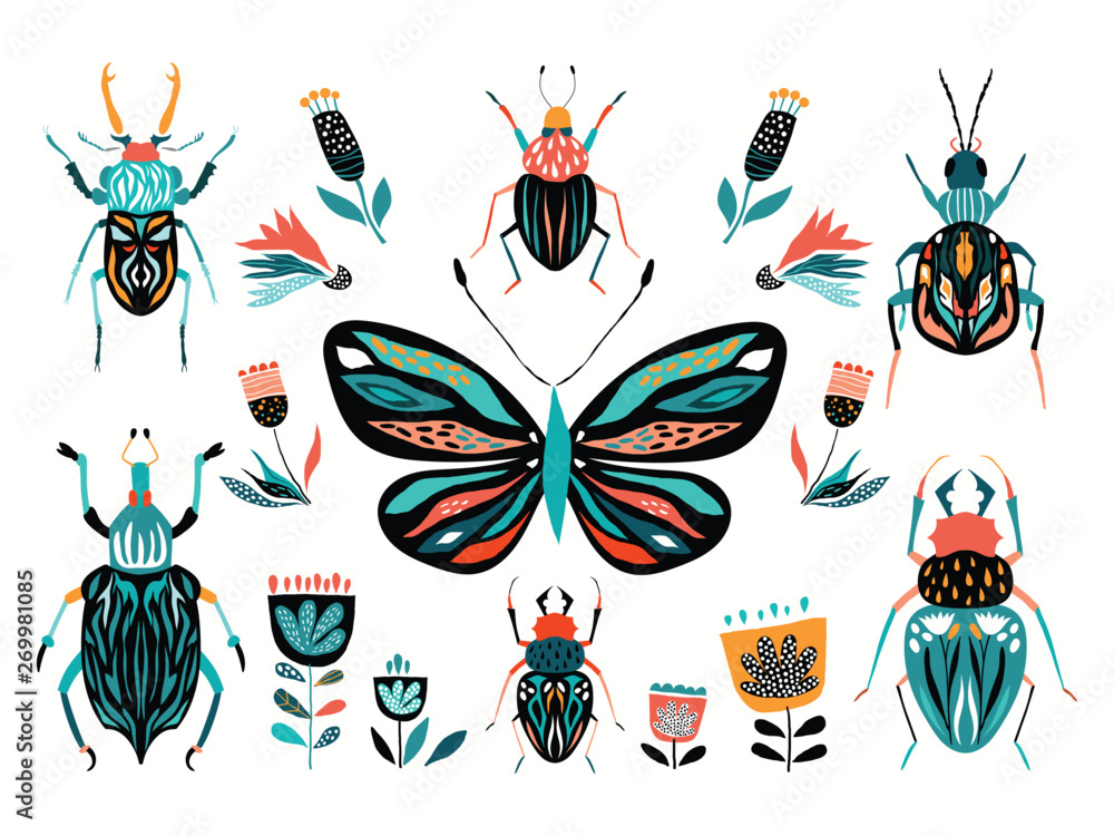 Insects collection with different abstract elements isolated on white ...