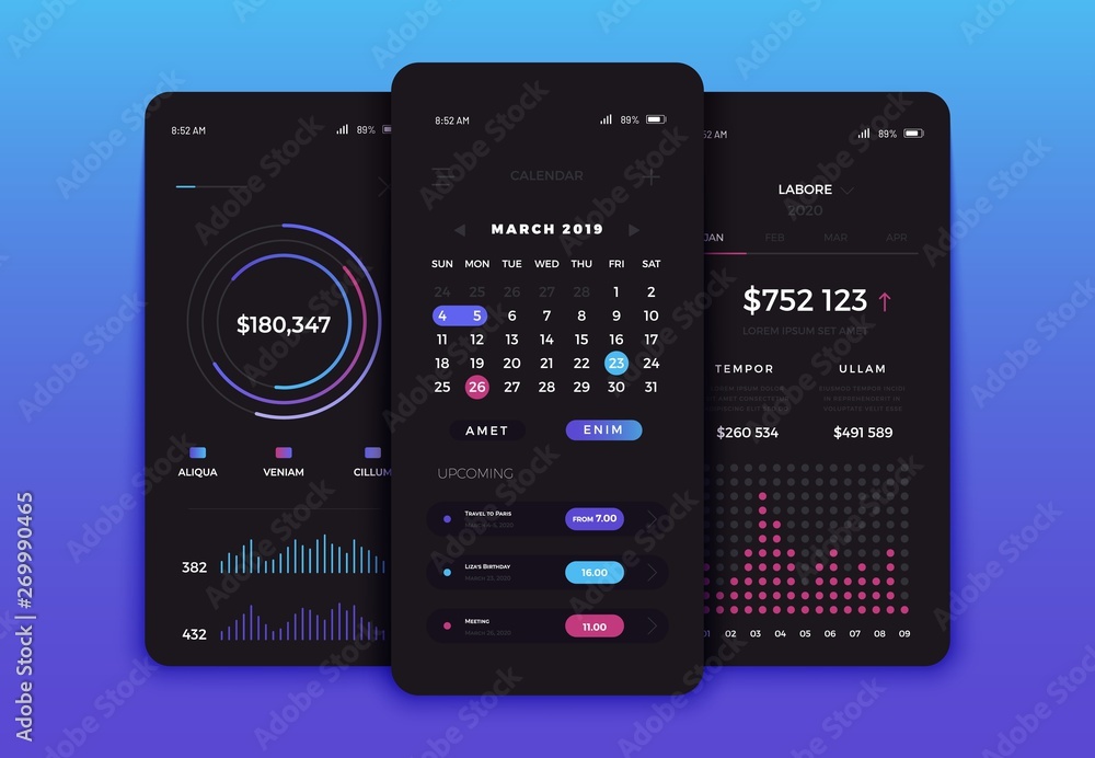 Mobile app user interface screen design. Vector set of modern UI, UX ...