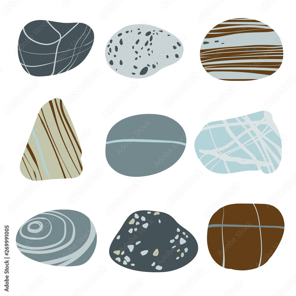 Colorful sea pebbles. Set of images in flat style . A variety of gray ...