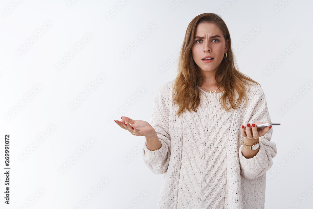 What heck. Portrait frustrated pissed questioned clueless woman arguing ...