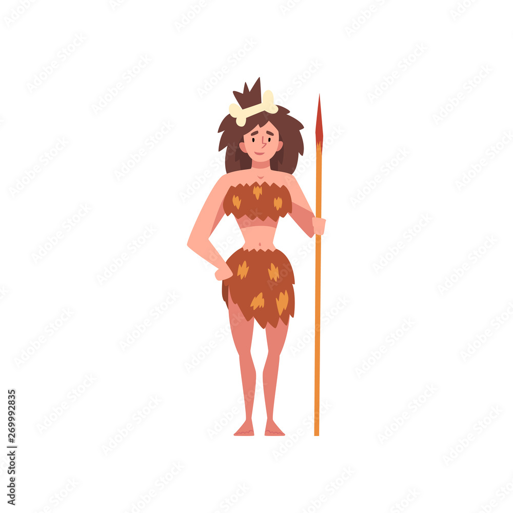 Prehistoric Girl Standing with Spear, Primitive Stone Age Cavewoman ...