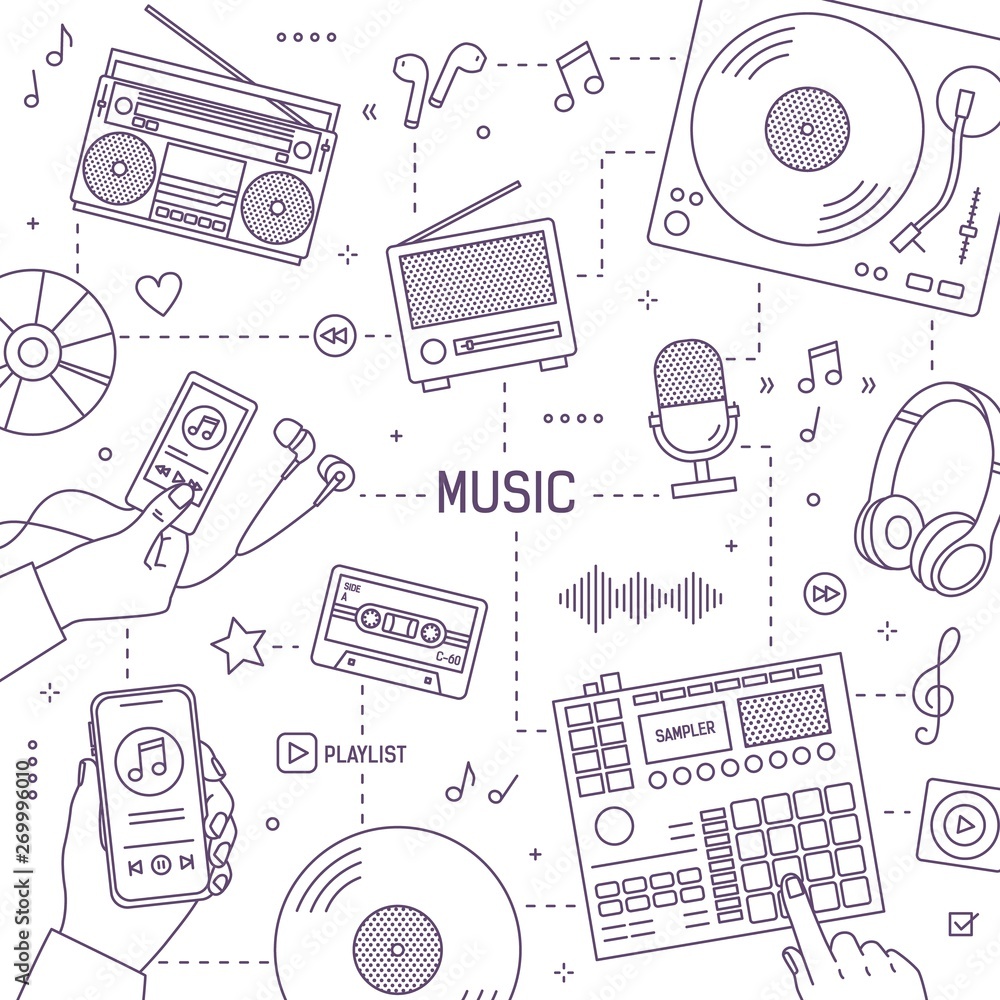 Monochrome banner template with hands, tools and electronic devices for ...