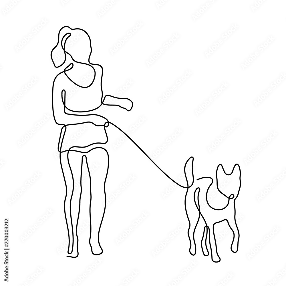 Girl walking with a dog continuous line vector illustration Stock ...