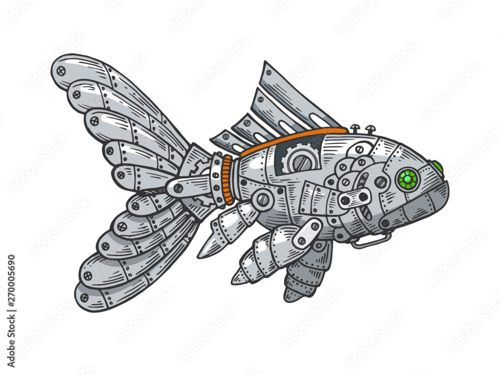 Mechanical fish animal color sketch engraving vector illustration ...