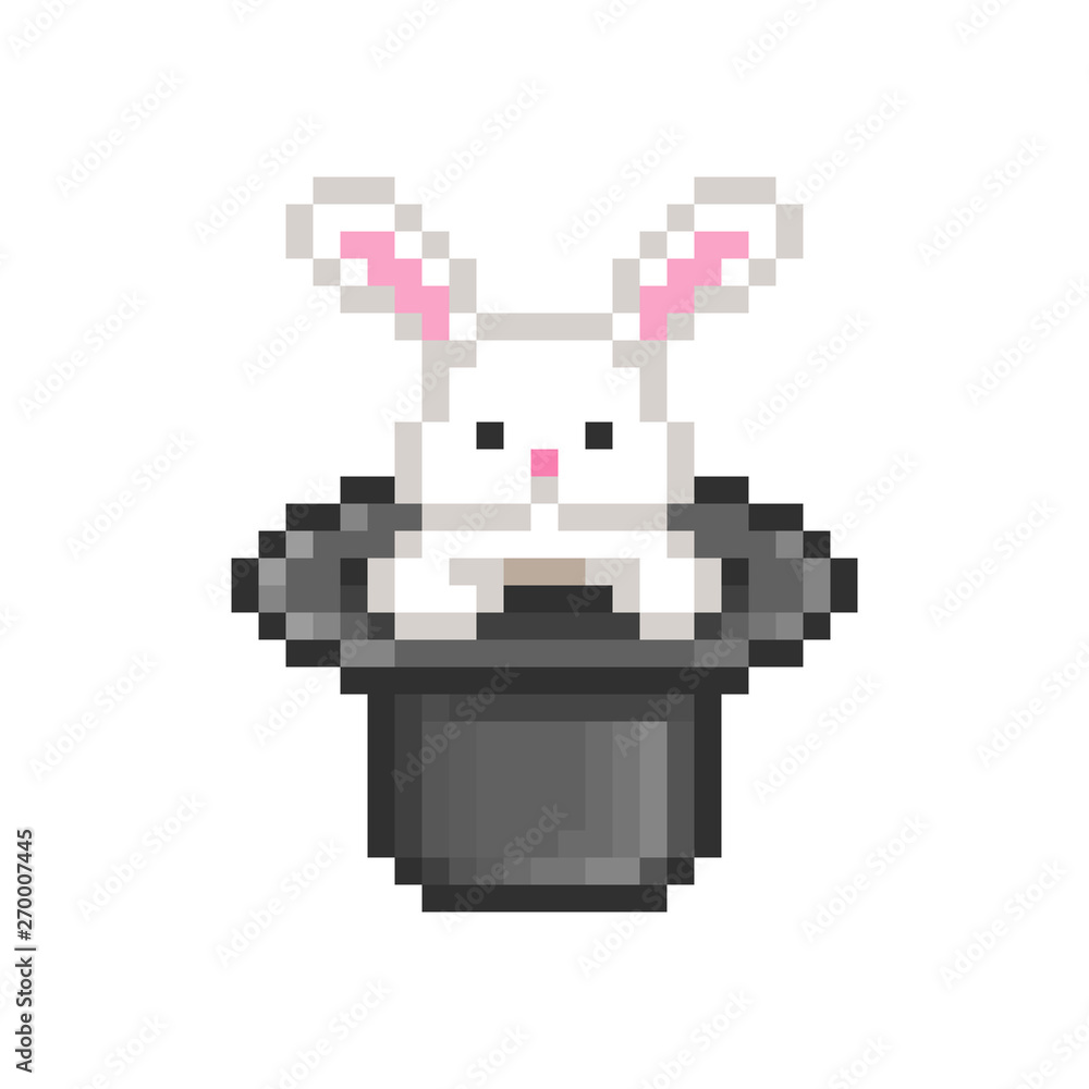 White rabbit in a top hat, pixel art character icon isolated on white ...