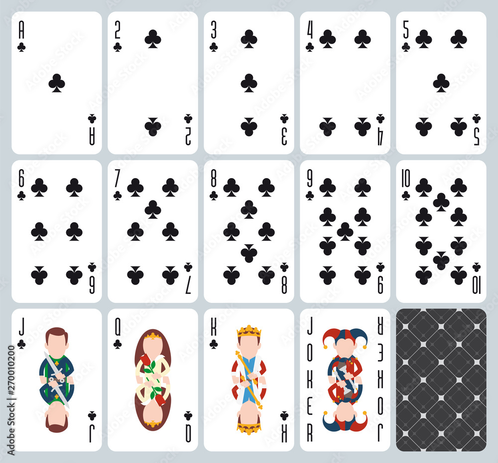 Poker playing cards of Clubs suit. Blue background. Original design ...