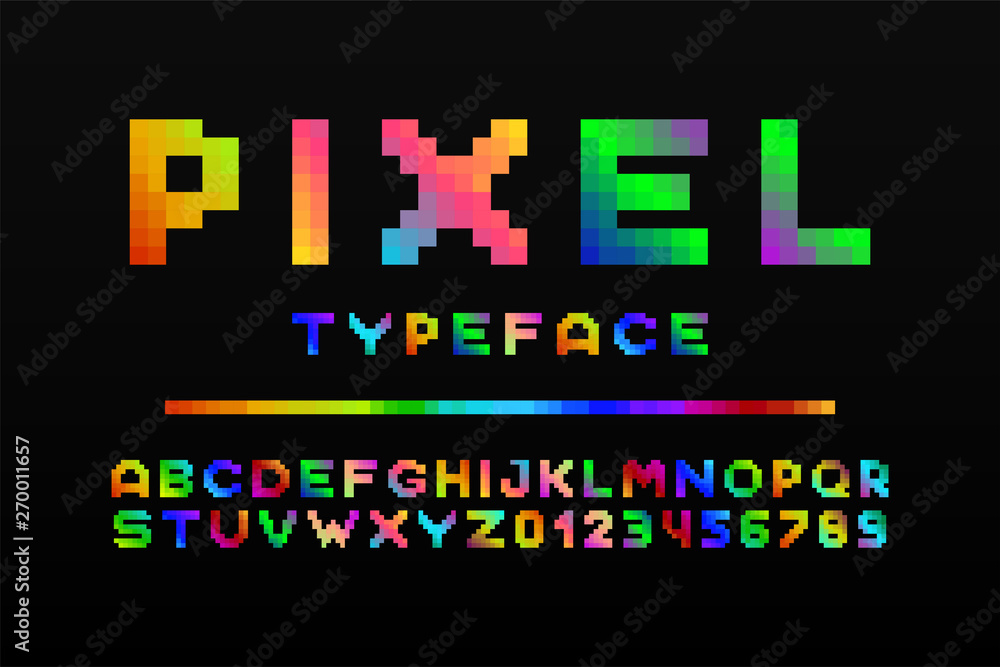 Colorful pixel font - video game style. Trendy english alphabet. Latin ...