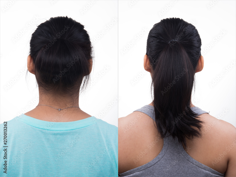 Asian Woman before after applying hair do style. no retouch, fresh face ...