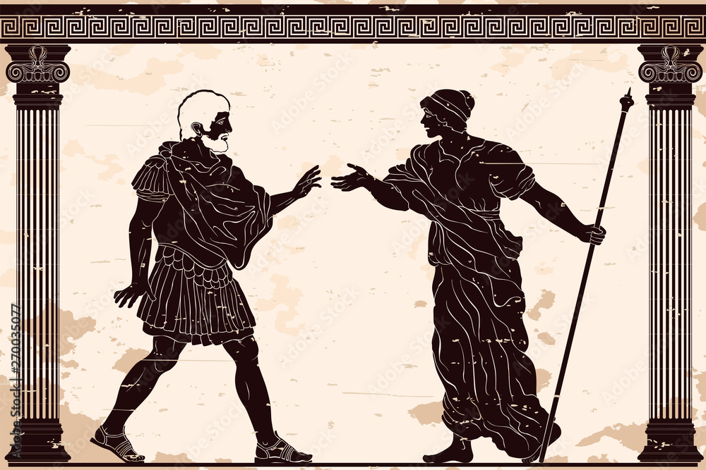 An ancient Greek man in armor and a woman in a tunic are talking ...
