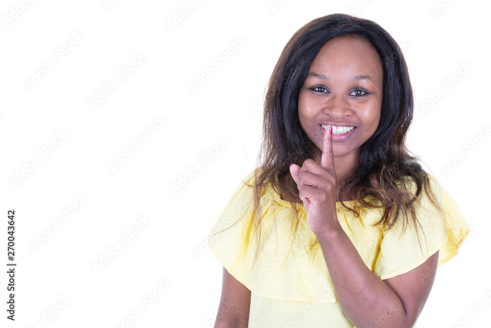 pretty smiling african american woman saying shh in white copy space ...