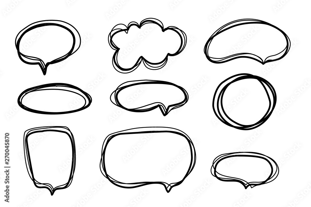 Speech bubble set in sketch style on white background. Different shapes ...