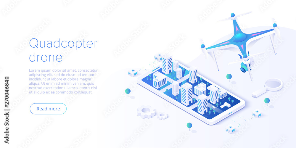 Quadcopter with smartphone remote control concept in isometric vector ...