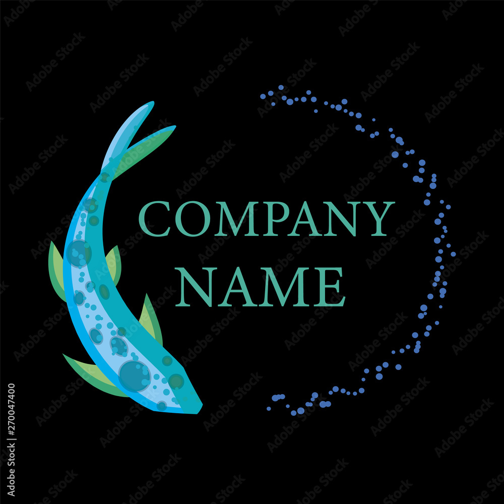 Logo template with bright blue fish and bubbles. Marine company ...