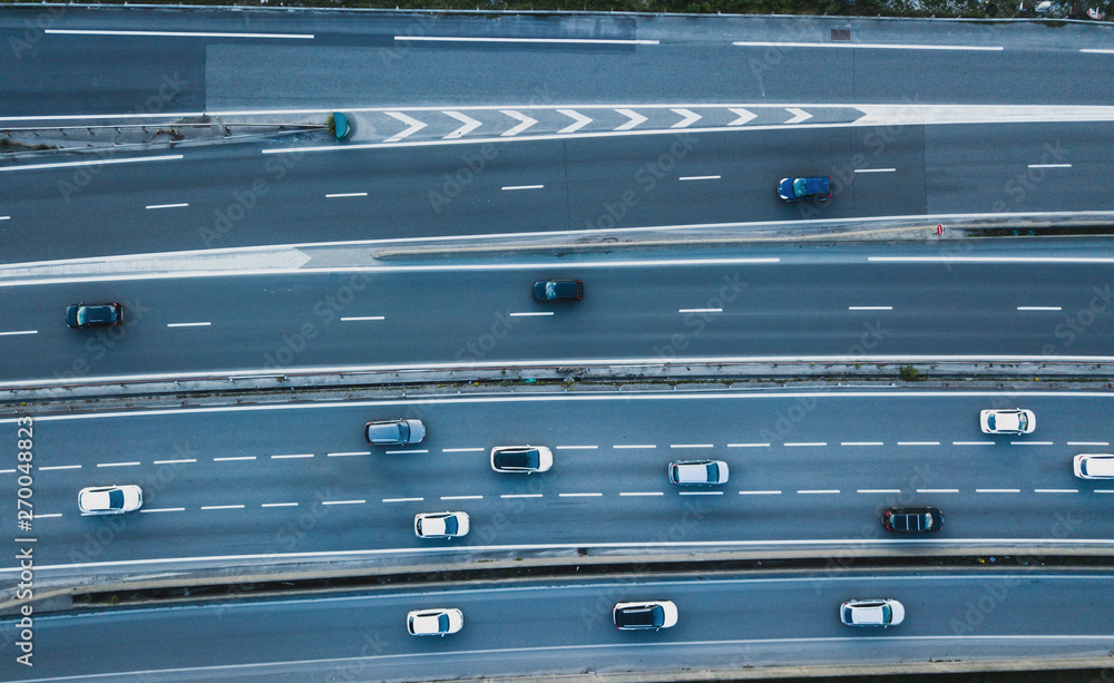 transportation, big city road, aerial top down view of cars on busy ...
