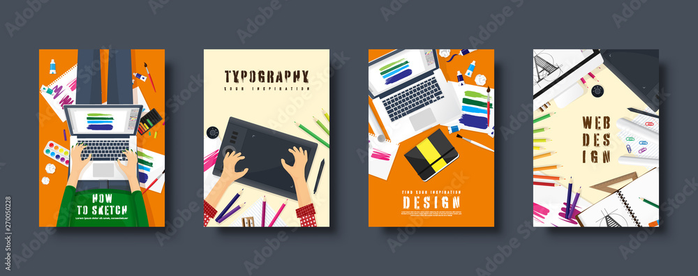 Graphic and web design. Flat style covers set. Designer workplace with ...