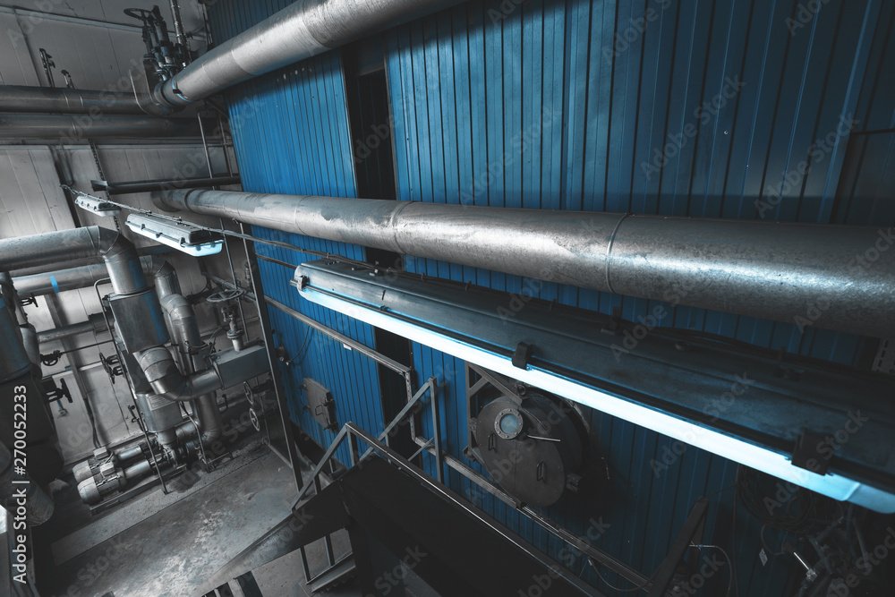 biomass boilers with pipelines installed in the boiler room. Top view ...