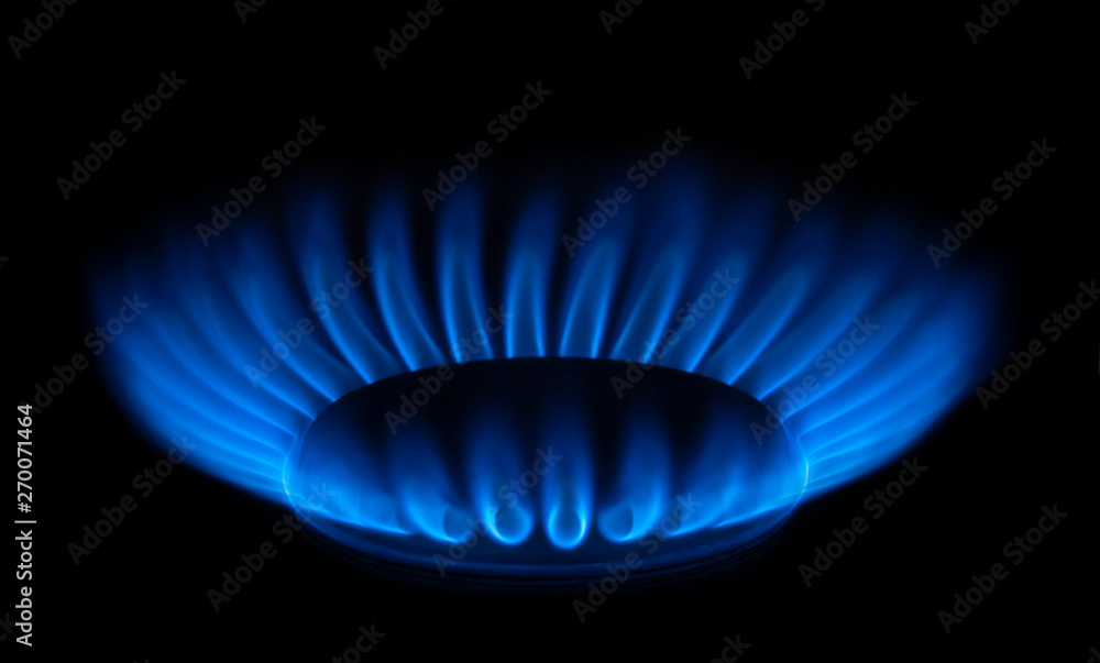 Burning gas burner with blue flame on black background Stock Photo ...