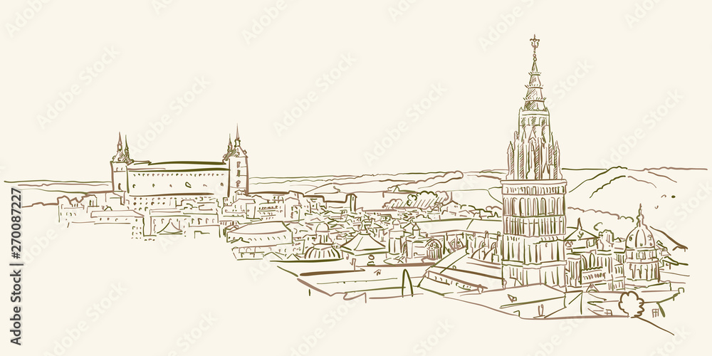 Landmark view drawing of Toledo, Spain Stock Vector | Adobe Stock