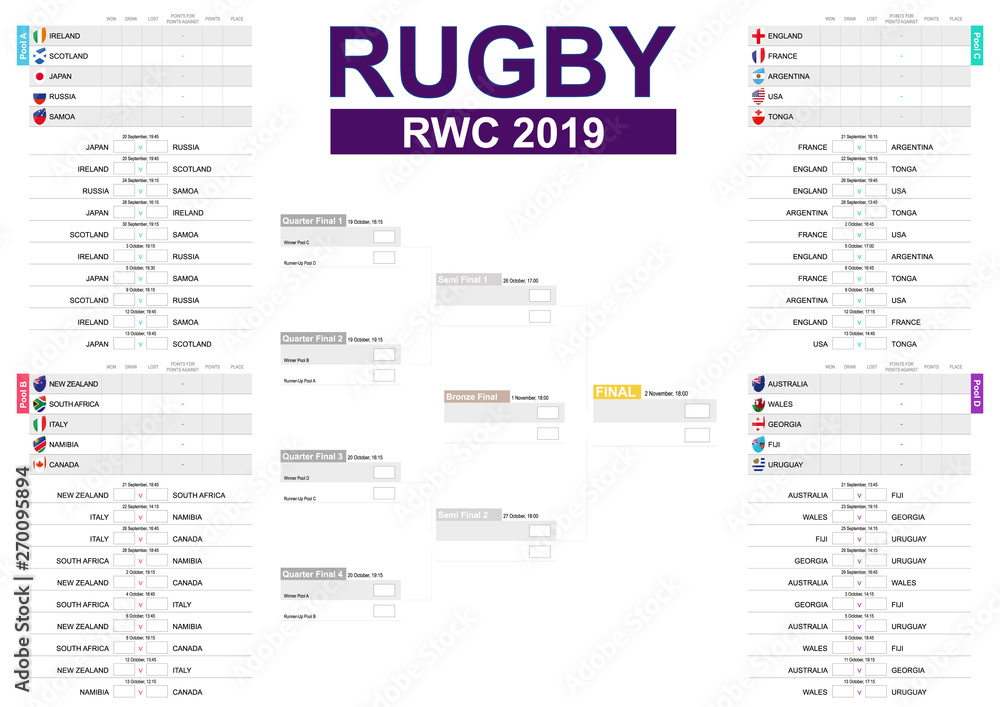 Rugby tournament schedule on white background with flags of all ...