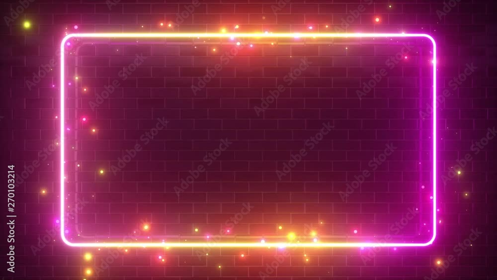 Rectangular neon sparkling luminous form on the background of a brick ...