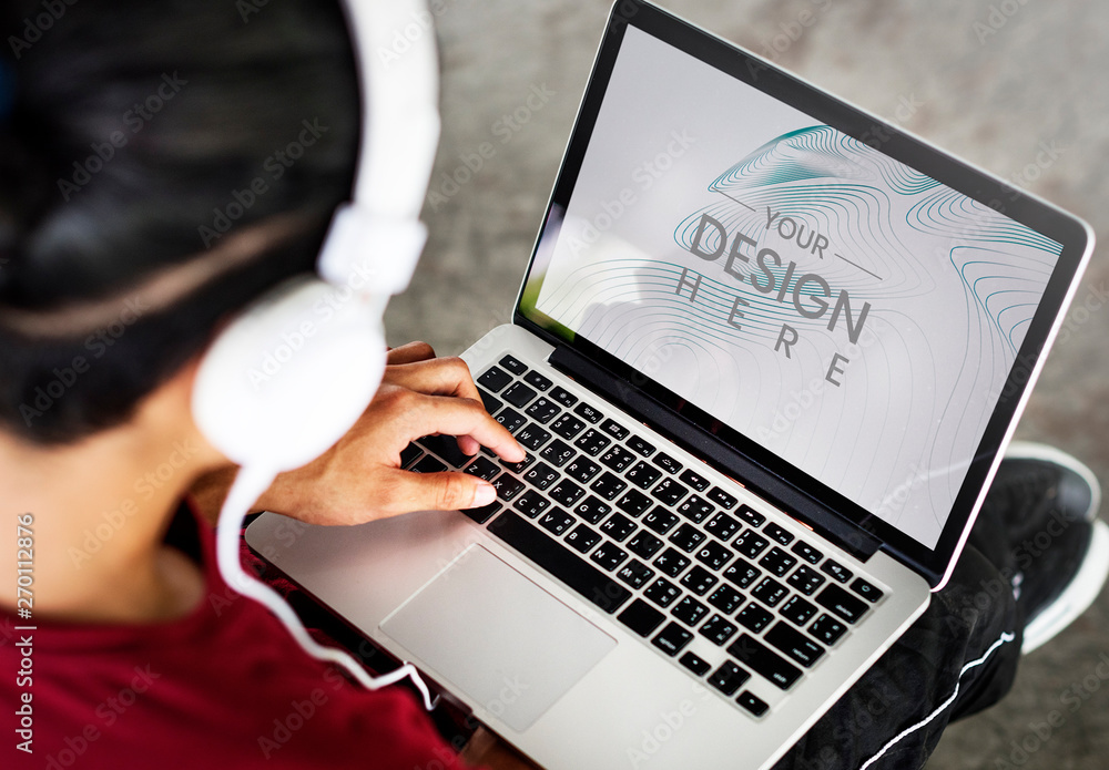 Person Watching Video on a Laptop Mockup Stock Template | Adobe Stock