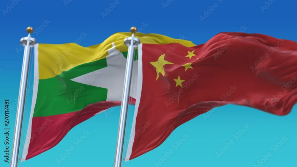 4k Seamless Myanmar and China Flags with blue sky background;A fully ...