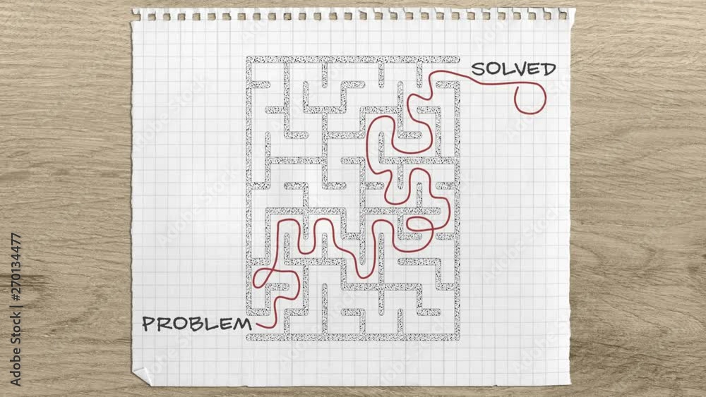 Concept animation: Problem Solving maze, Problem Solved text, maze solution drawn on with red ...