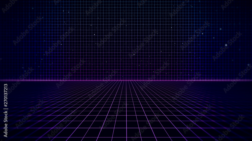 Retro Sci-Fi Background Futuristic Grid landscape of the 80`s. Digital ...