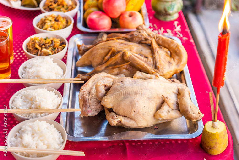 Food on the table for gods worshiping Chinese beliefs. Stock Photo ...