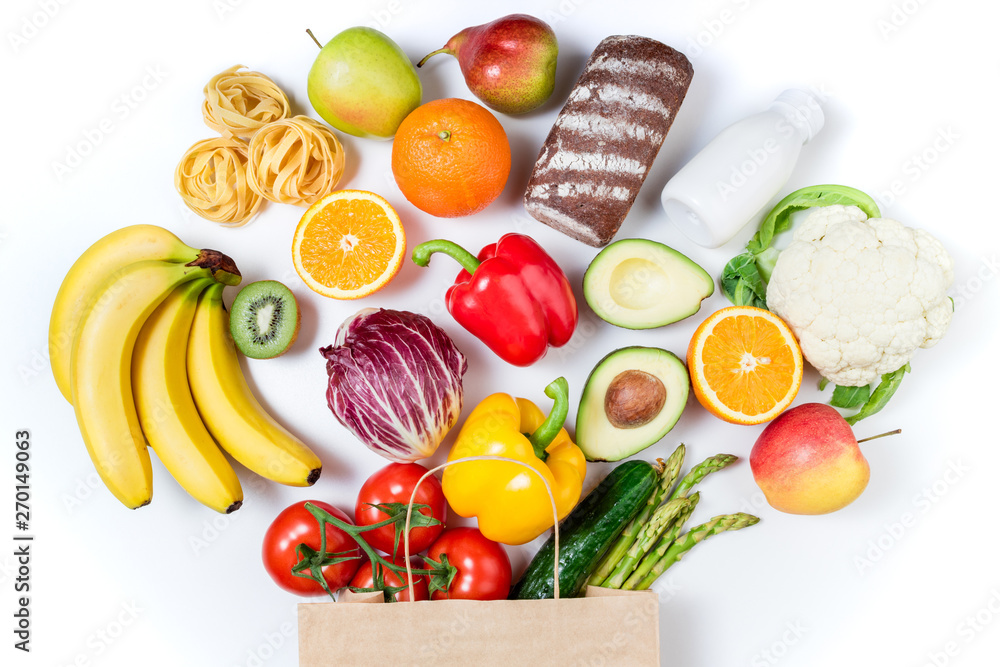 Healthy food background. Healthy food in paper bag bread, milk ...