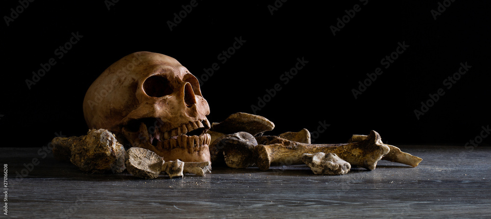 Poster Skull and pile of bones put on wooden table and black background ...