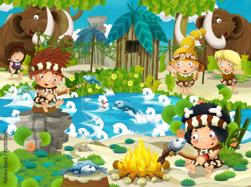 cartoon stone age scene with cavemen living and fishing with mammoths ...
