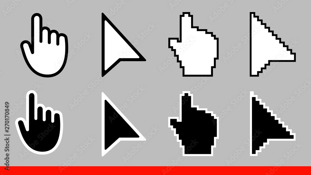 8 Black and white arrow pixel and no pixel mouse hand cursors icon ...