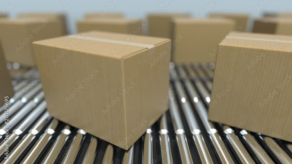 Vidéo Stock Blank carton boxes move on roller conveyors. Loopable 3D ...