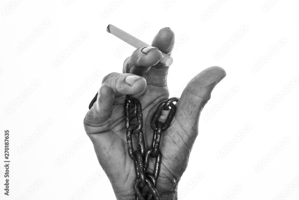 World No Tobacco Day; Asian man holding cigarette with smoke and steel ...