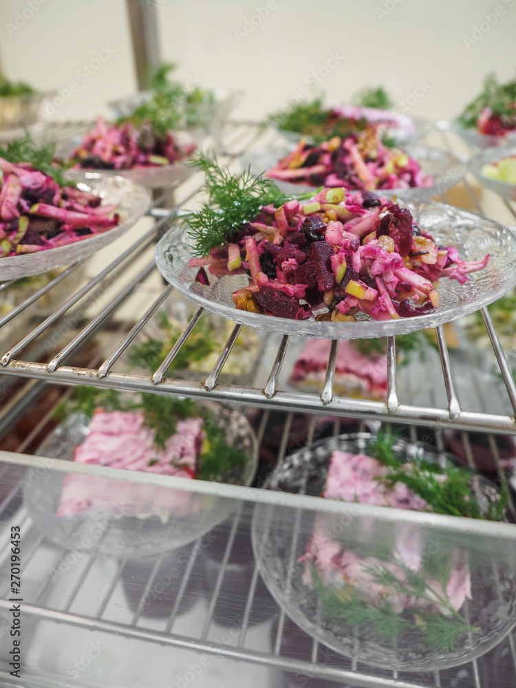 Cuisine cafeteria buffet with food. Self-service food display showcase ...