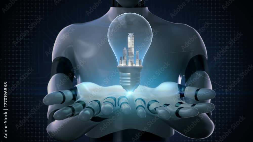 Robot, cyborg opens two palms, Building construction, Smart City inside ...