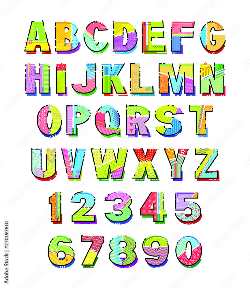 Memphis style alphabet. Uppercase letters and numbers. Template for ...
