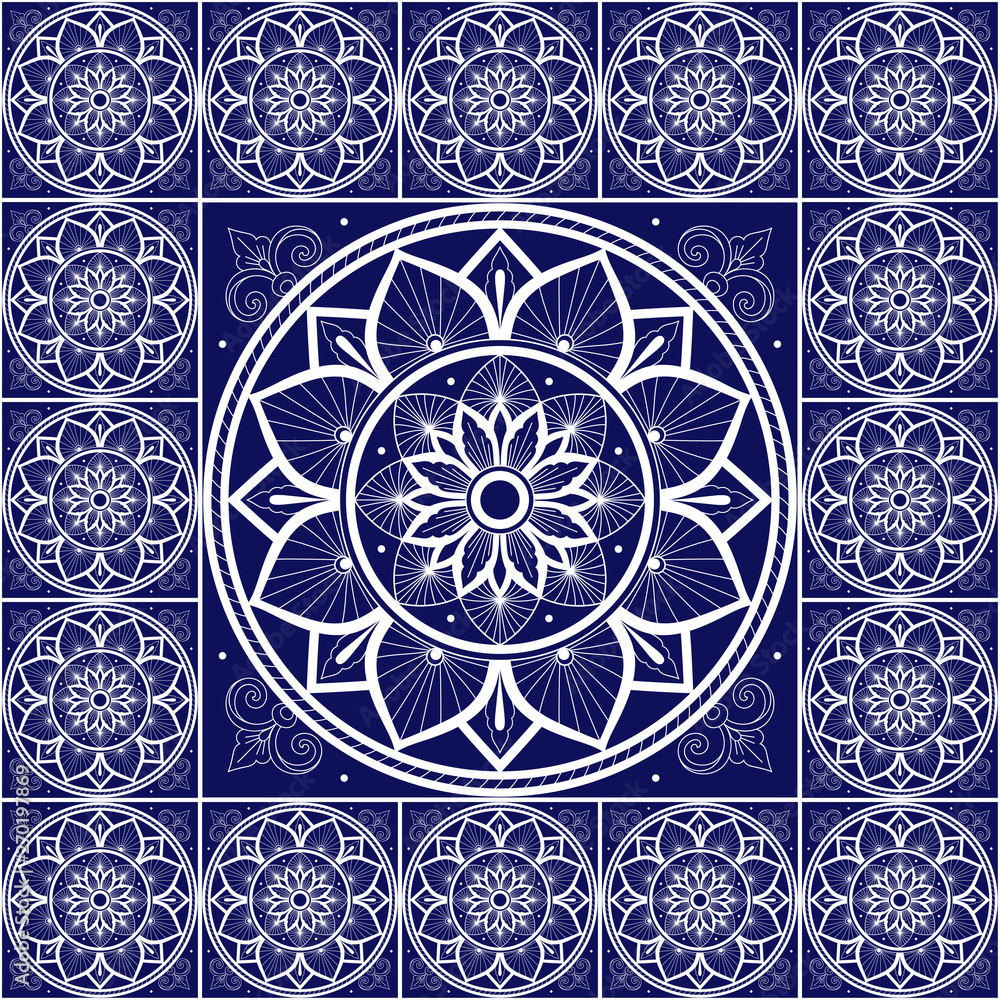 Spanish tile pattern vector with flower print. Big floor ceramic ...