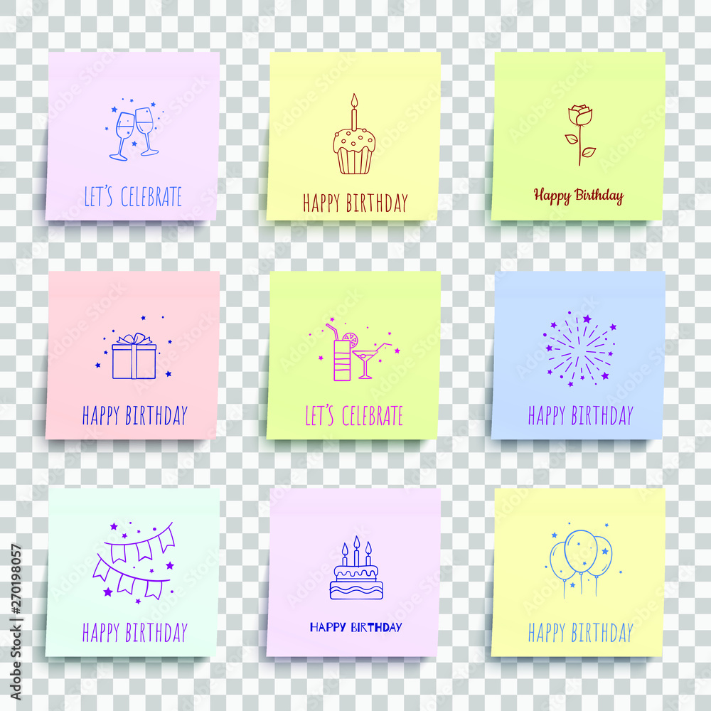 Happy birthday notes set. Paper stickers on transparent background ...