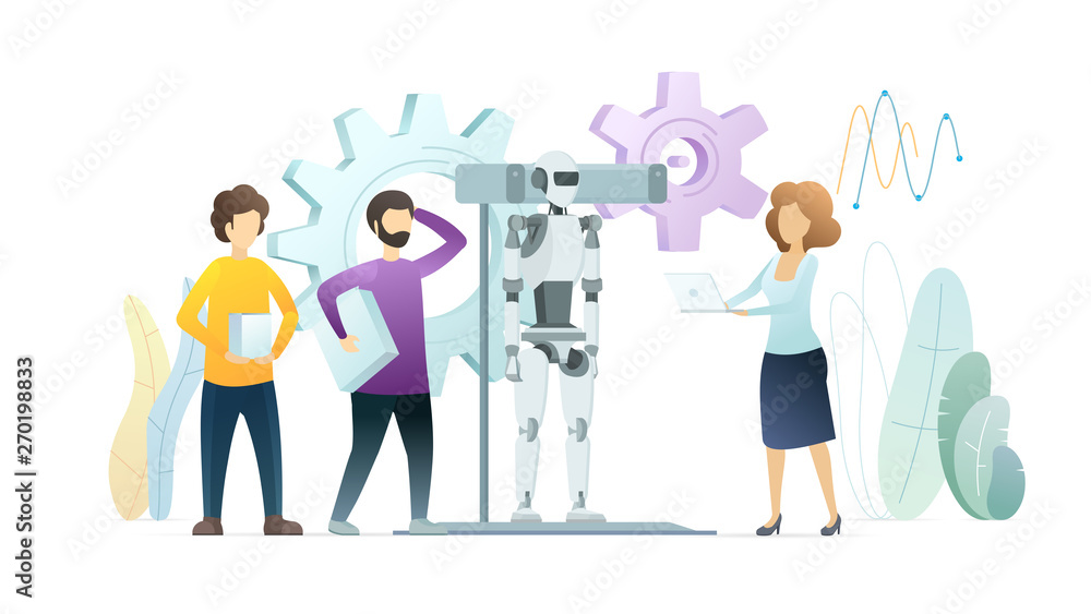 Robots engineering flat vector illustration. Futuristic technology ...