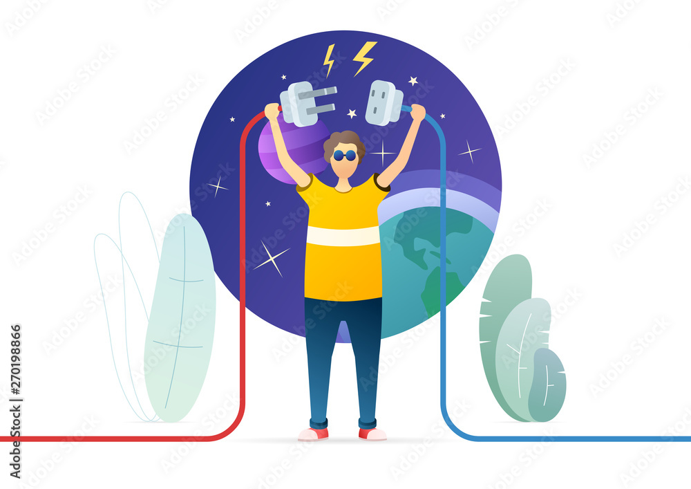 Man holds power plug and socket flat illustration. Male electrician ...