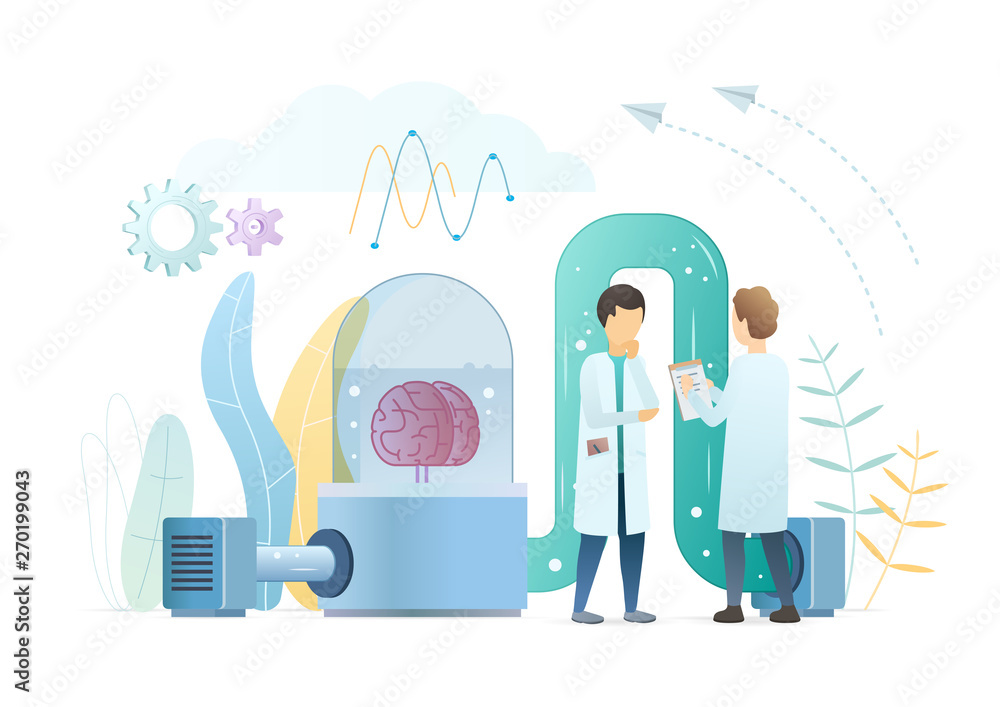 Neurology flat vector illustration. Scientists studying brain cartoon ...