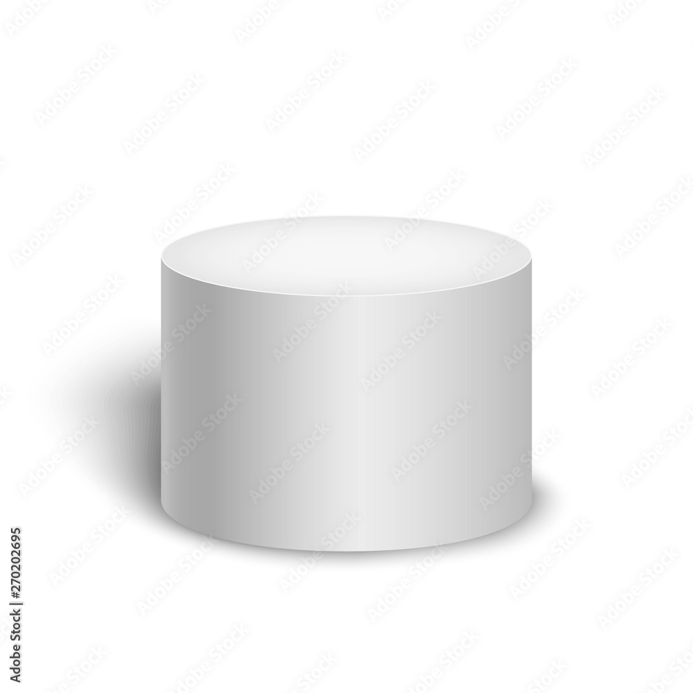 White realistic cylinder with shadow isolated on white background. Mock ...