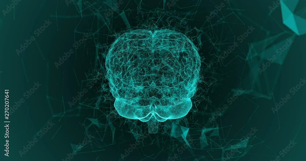 Human brain being formed by revolving particles. Plexus structure ...