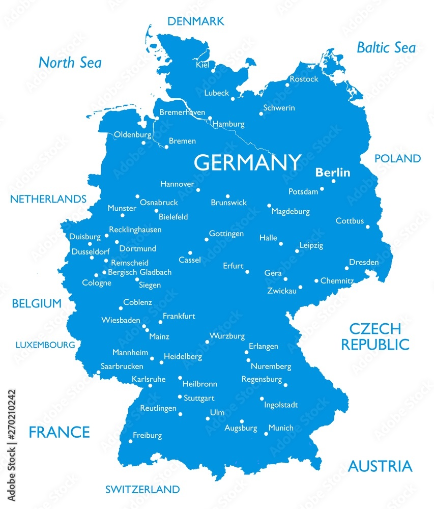 Vector map of Germany | Outline detailed map with city names Stock ...