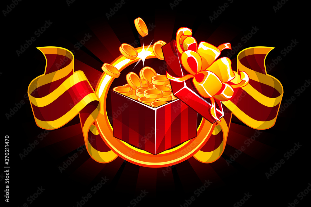 Gift box with coin and award ribbon. Cartoon isometric Gifts vector ...