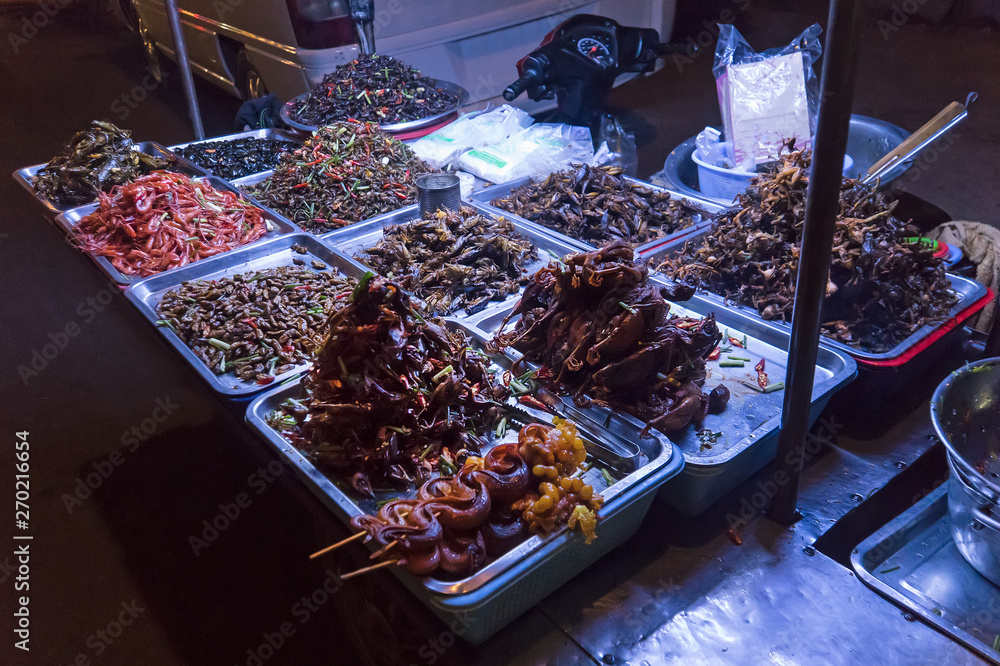 Fried bugs, insects, snakes , worms at street food market. exotic food ...